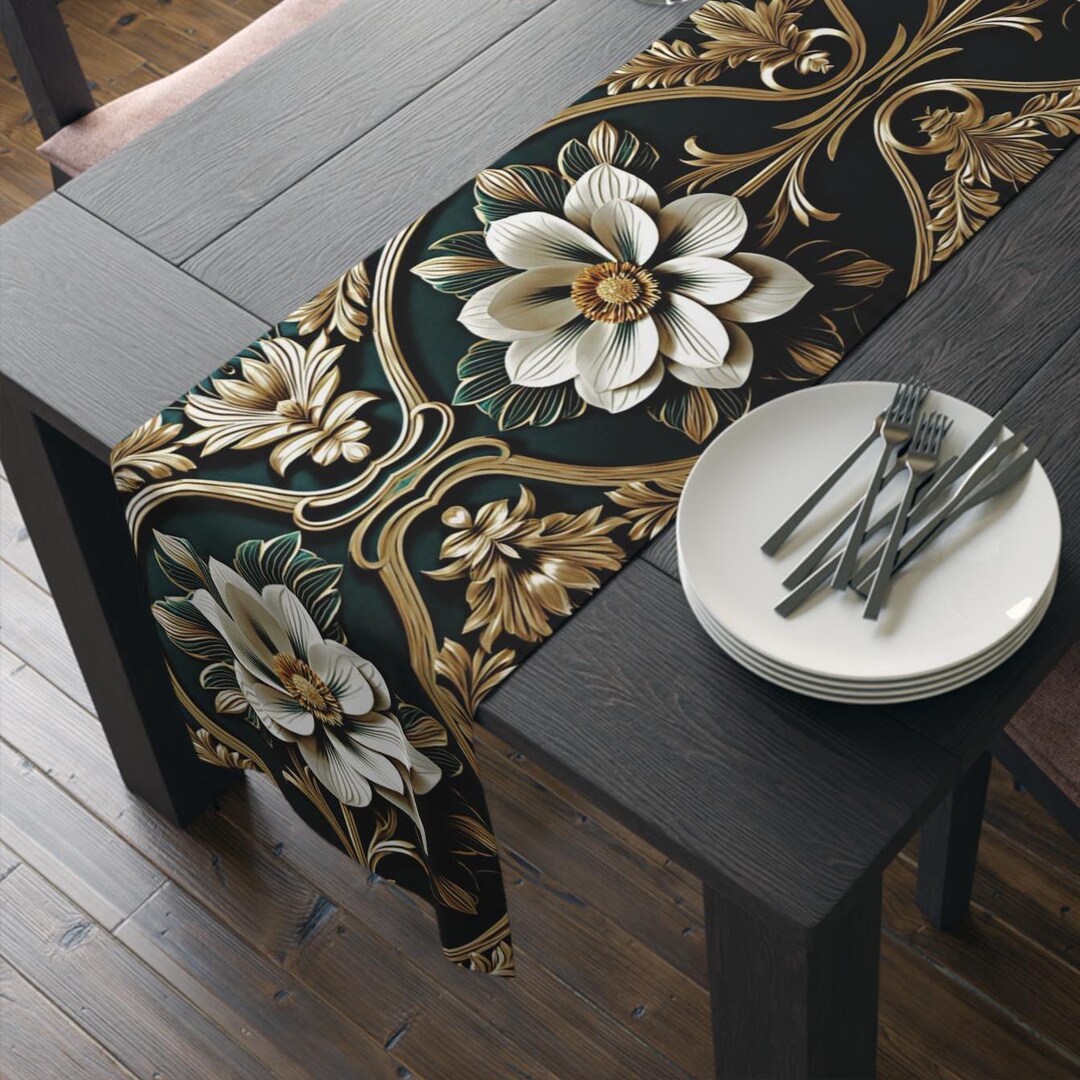 Green Gold Art Nouveau Flower Table Runner Home Decor Retro Style ...
