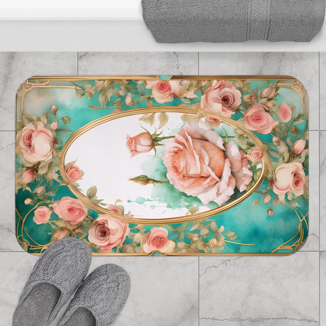 Romantic Roses Bath Mat Bathroom Home Bath Decor Rug Teal and Pink Home ...