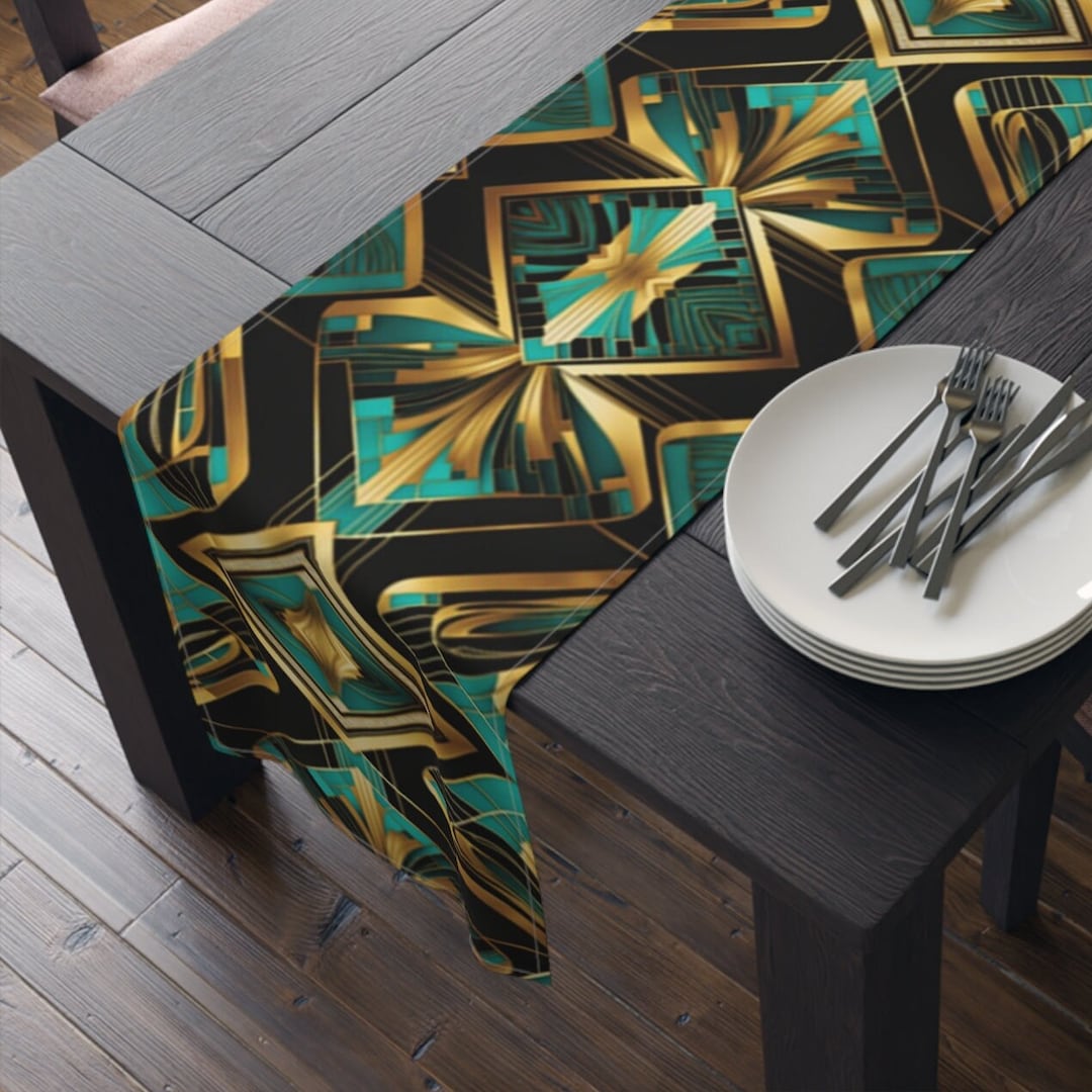 Gold Teal Art Deco Table Runner Cloth Black Gatsby 1920s Style Inspired ...