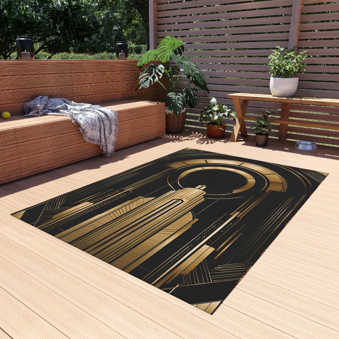 Cityscape Art Deco Outdoor Rug Gatsby Black Gold Patio Non Slip Carpet ...