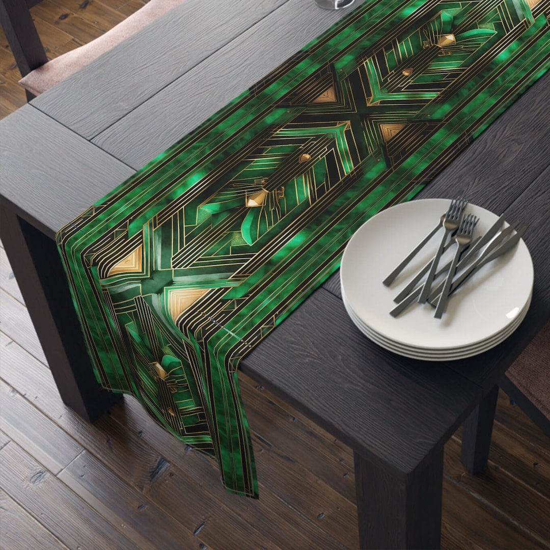 Art Deco Gatsby Table Runner Aesthetic Green Gold Geometric Catsby ...