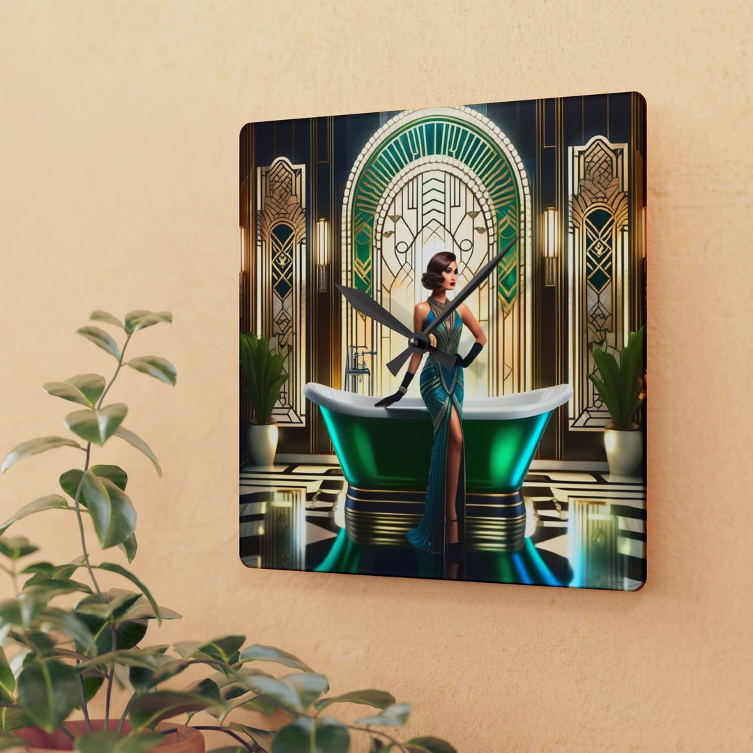 Green Art Deco Clock Bathroom Clock Gatsby Style Square Wall Clock ...