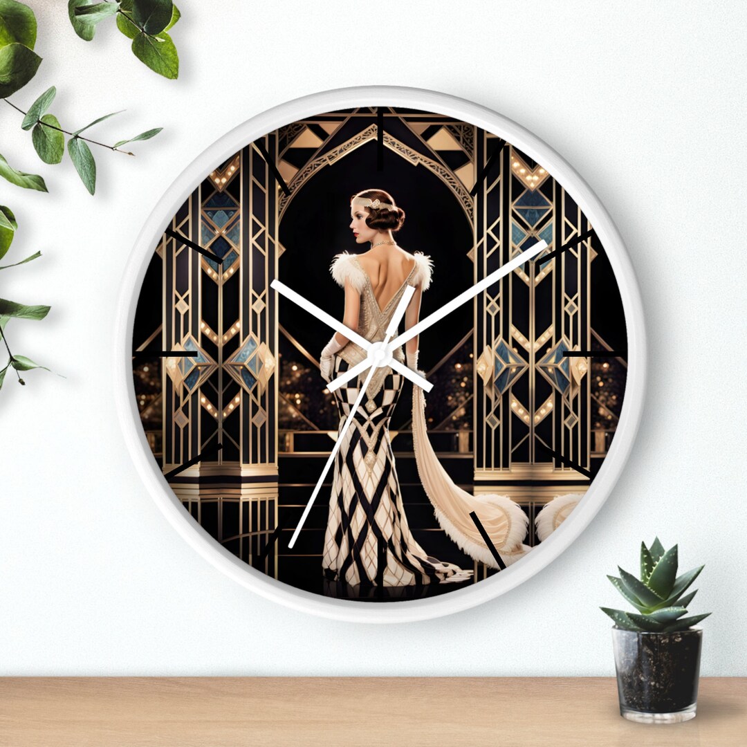Wall Clock Gatsby Style Art Deco Gatsby Girl Black Gold Retro Flapper ...