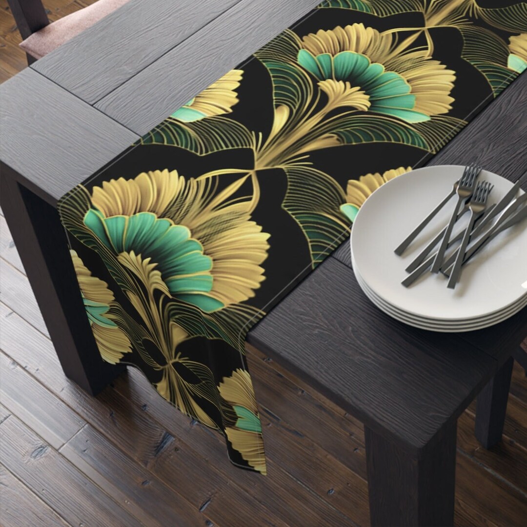 Cloth Table Runner Gatsby Green Gold Black Gatsby Table Cloth Art Deco ...