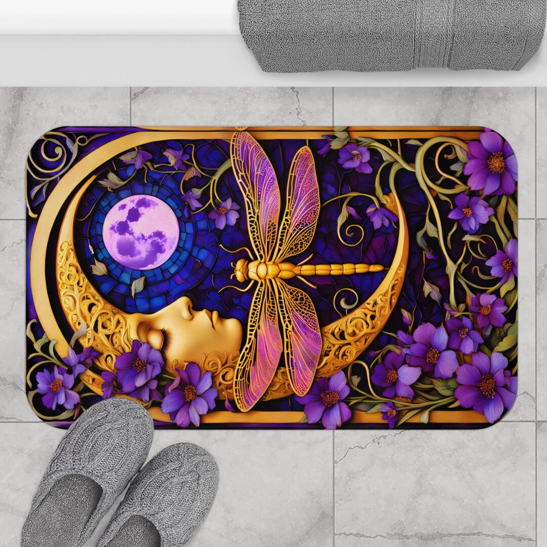 Golden Moon Dragonfly Bath Mat Art Nouveau Bathroom Home Bath Decor Rug ...