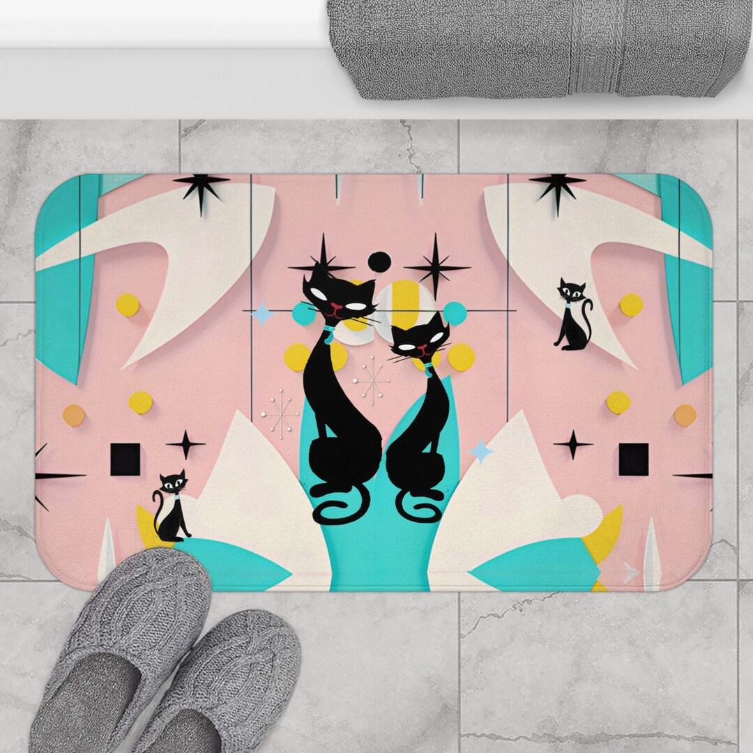 Atomic Cat Bath Mat Mid Century Modern Pink Aqua Home Bath Decor Rug ...