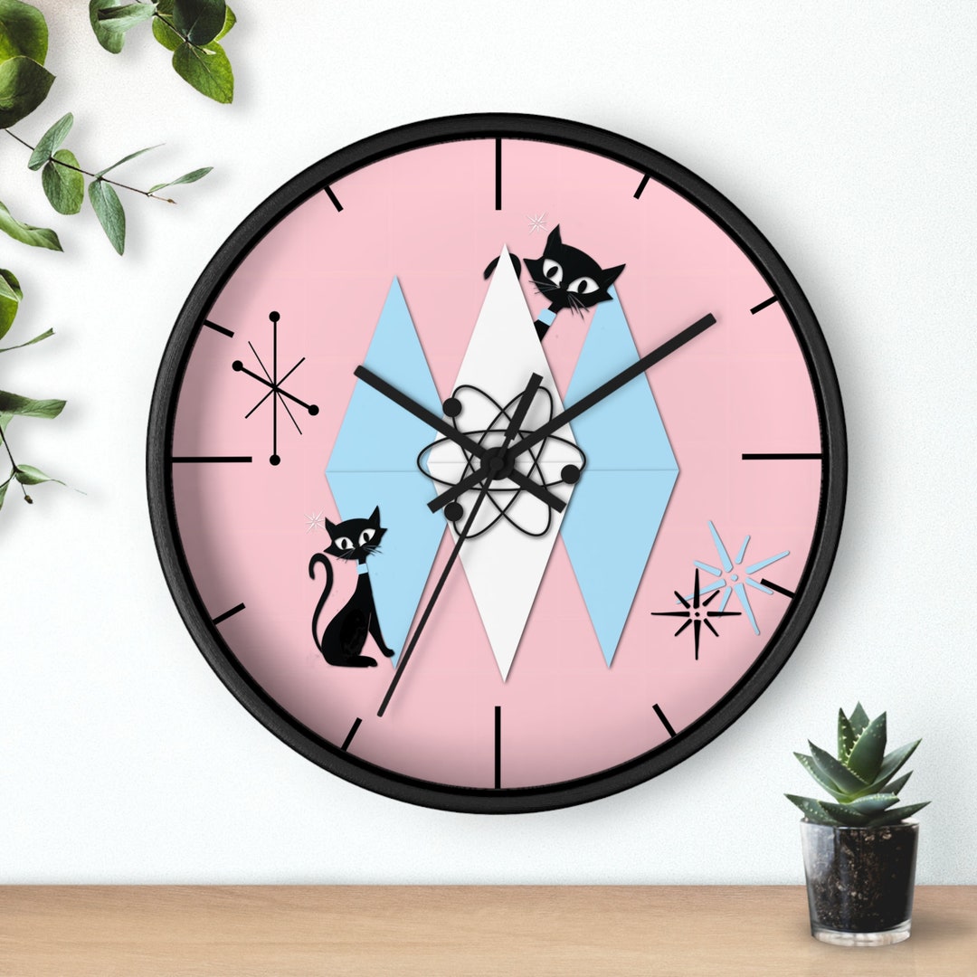 Atomic Cat Wall Clock Pink Retro Unique Home Decor Mid Century Modern ...