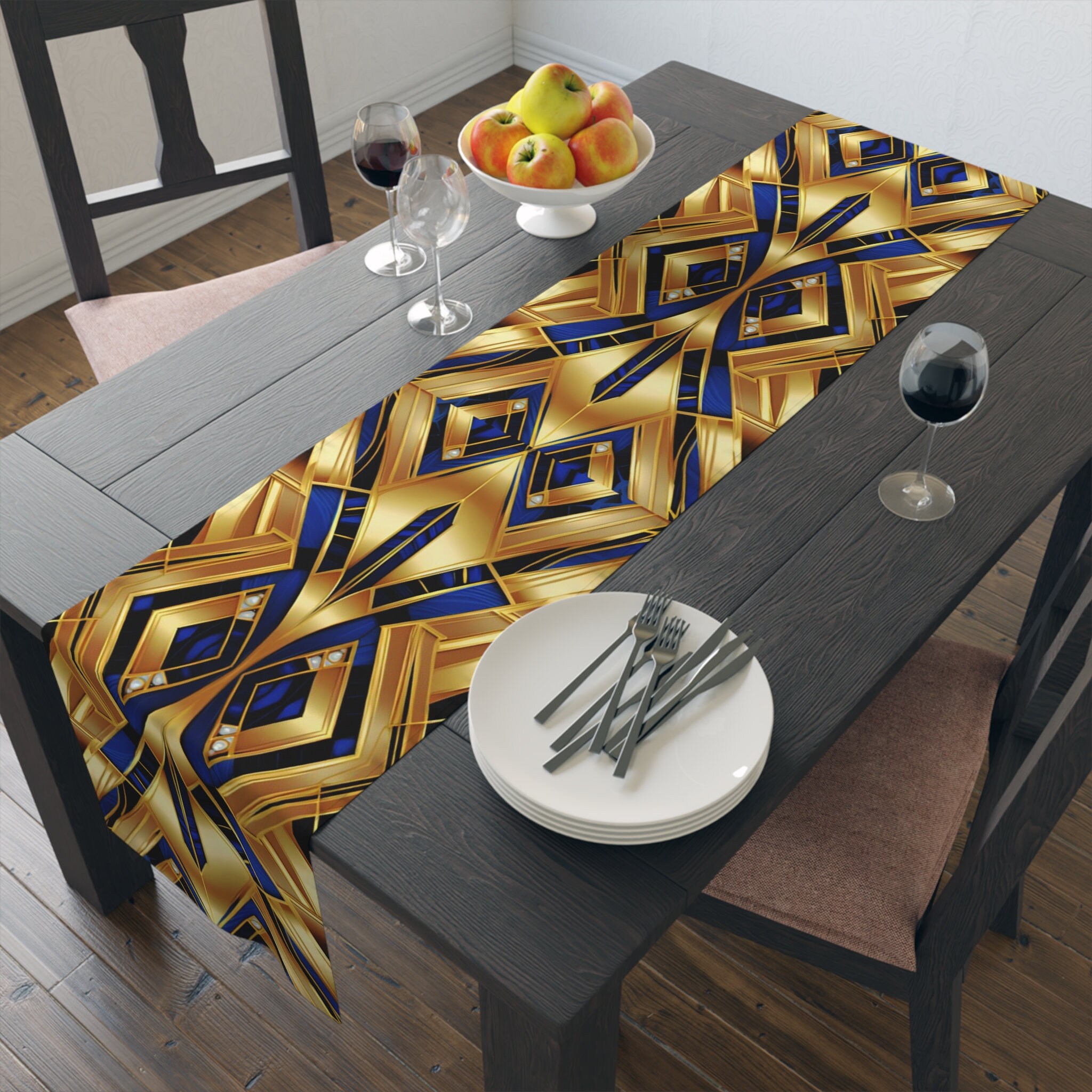Blue Gold Table Runner Retro Gatsby Table Cloth Art Deco 1920s Style ...