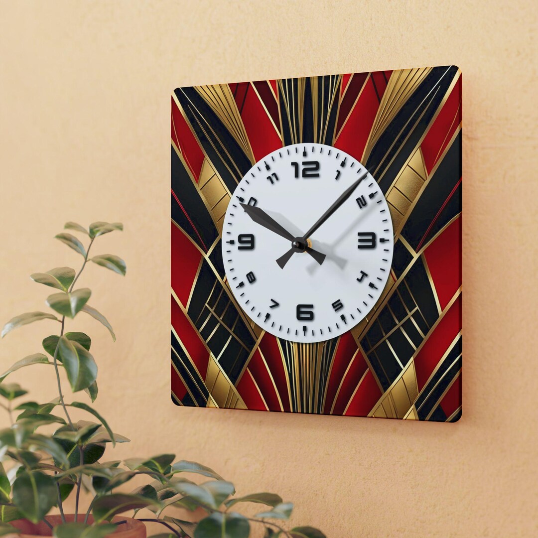 Black Red Gold Square Clock Gatsby Style Wall Clock Art Deco Square ...