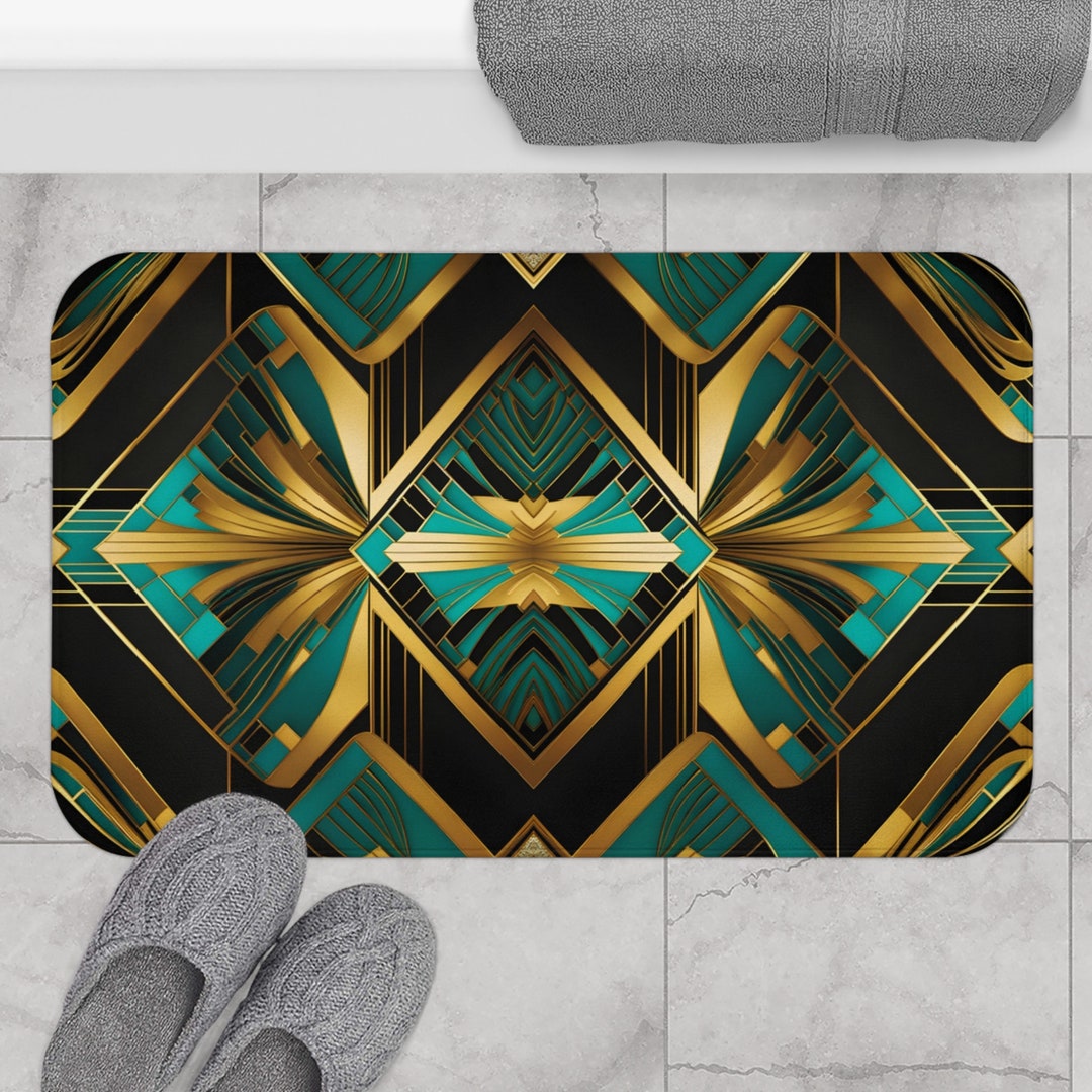 Gold Teal Art Deco Bath Mat Gatsby Inspired Black Bathroom Home Bath ...
