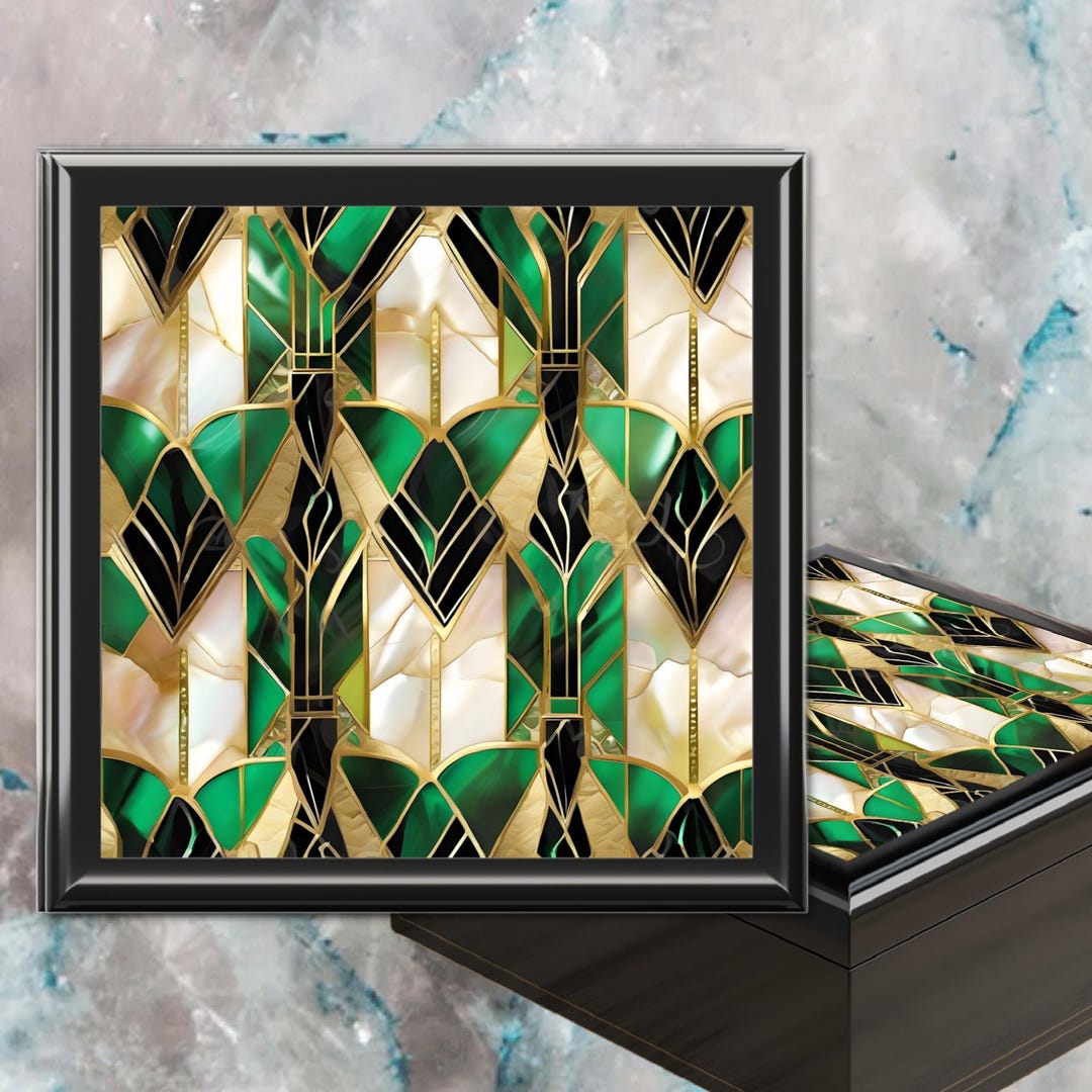 Art Deco Green Wood Jewelry Box Gatsby Art Deco Gold Color Gemetric ...