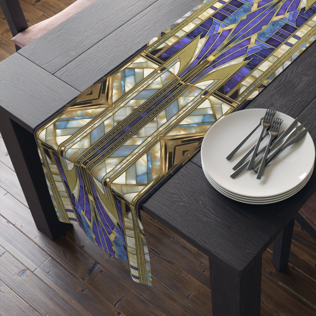 Art Deco Blue Gold Table Runner Retro Style Gatsby Table Cloth Art Deco ...