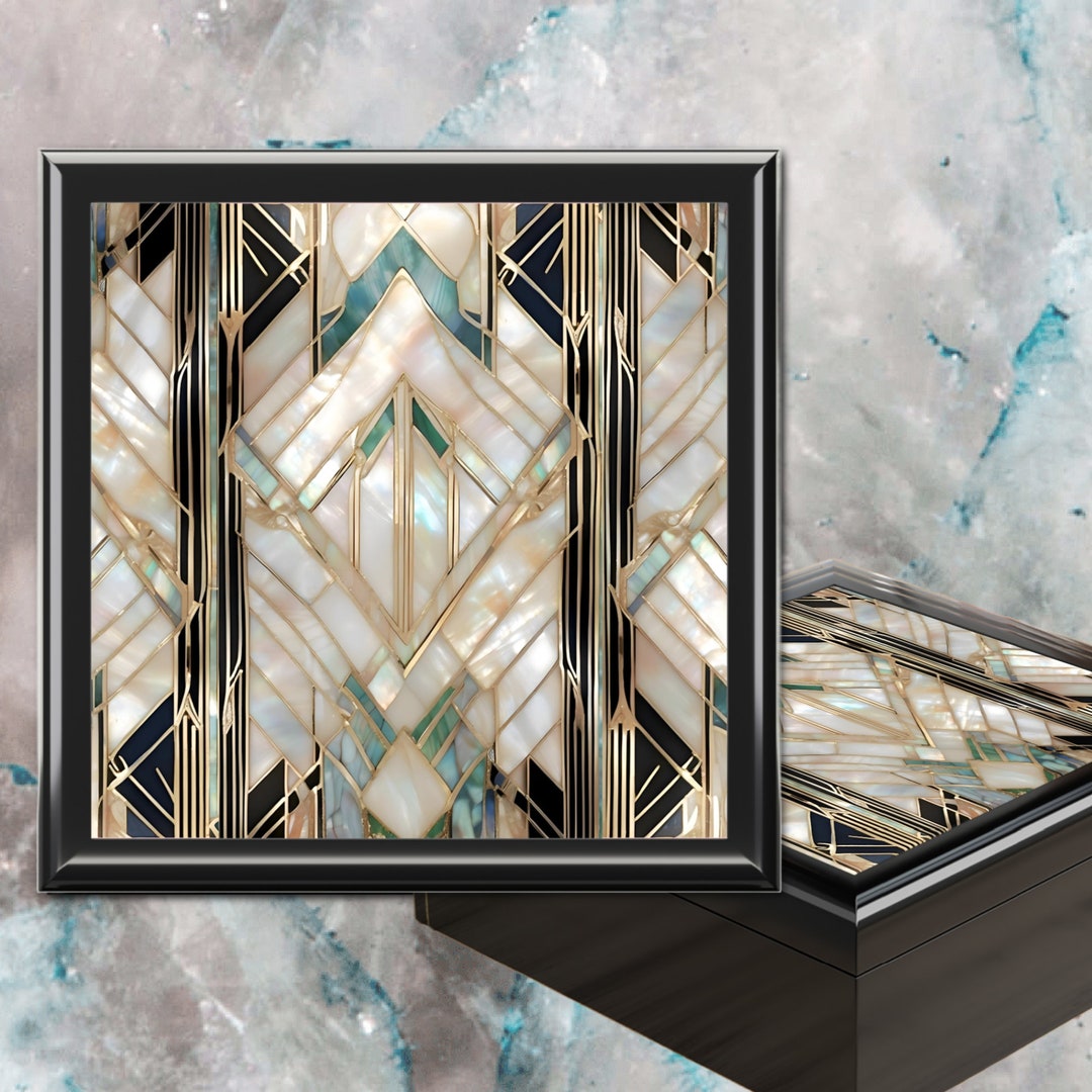 Art Deco Jewelry Box Faux Mother of Pearl Memory Box Black Teal Gold ...