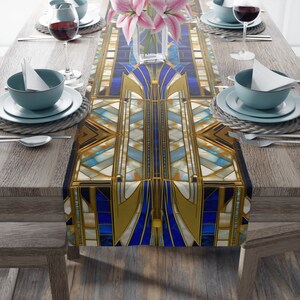 Art Deco Blue Gold Table Runner Retro Style Gatsby Table Cloth Art Deco ...