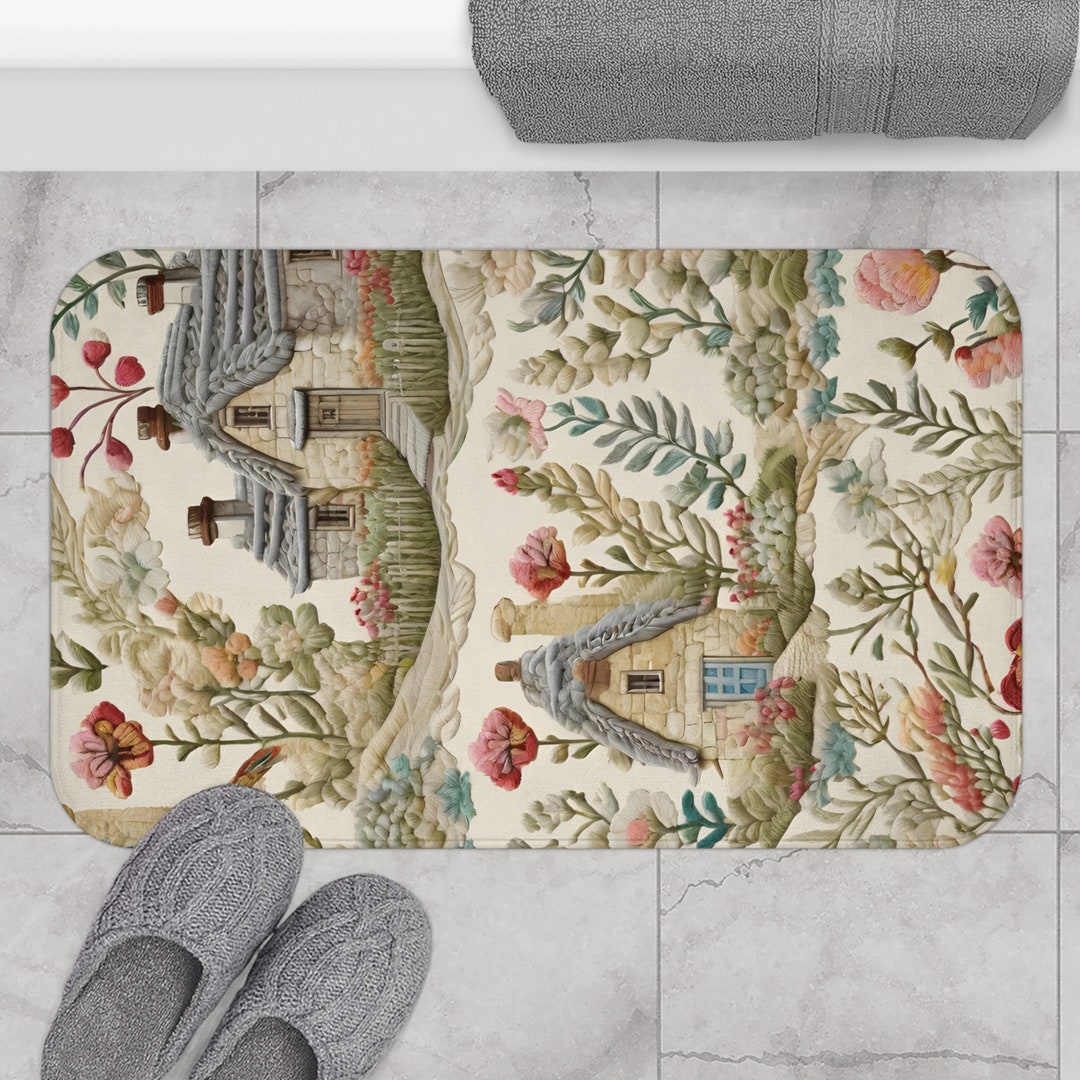 Cottagecore Bathmat Flower Cottage Garden Embroidered Look Cream off ...