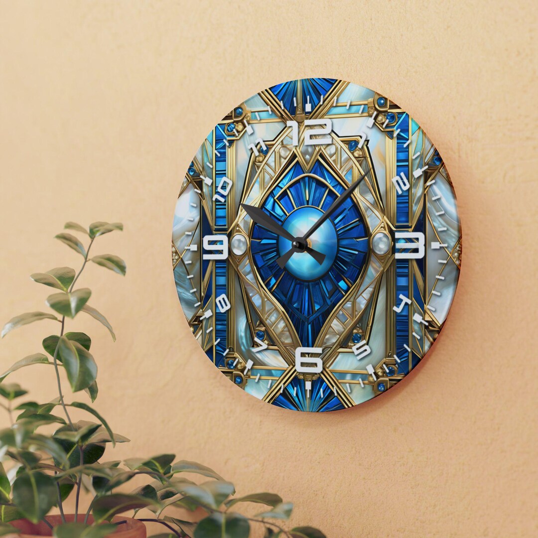 Wall Clock Blue Gold Art Deco Wall Clock Gatsby Style Round Acrylic ...