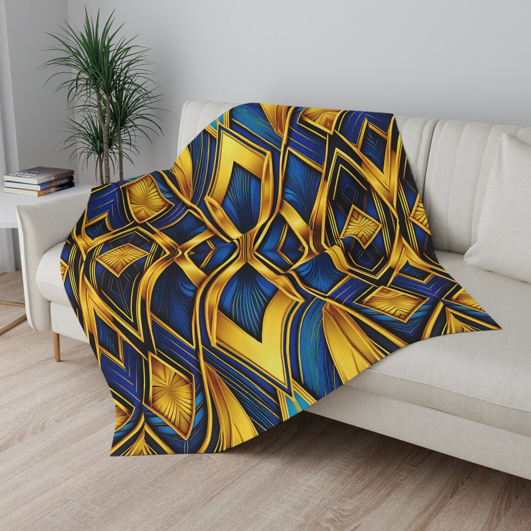 Art Deco Blue Gold Sofa Throw Couch Gatsby Blanket Retro Home Decor ...