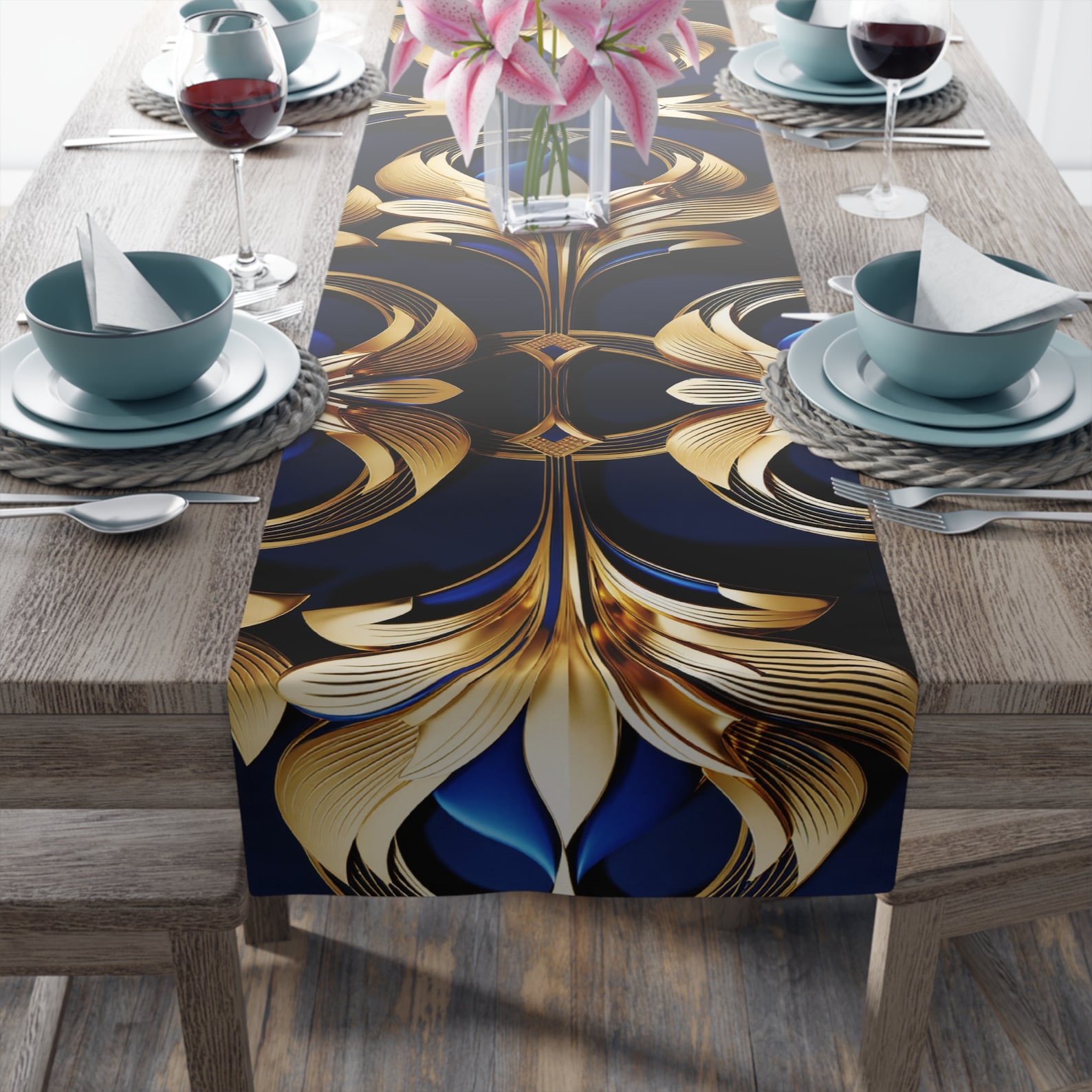 Royal Blue Gold Art Deco Table Runner Gold Gatsby Table Cloth Art Deco ...