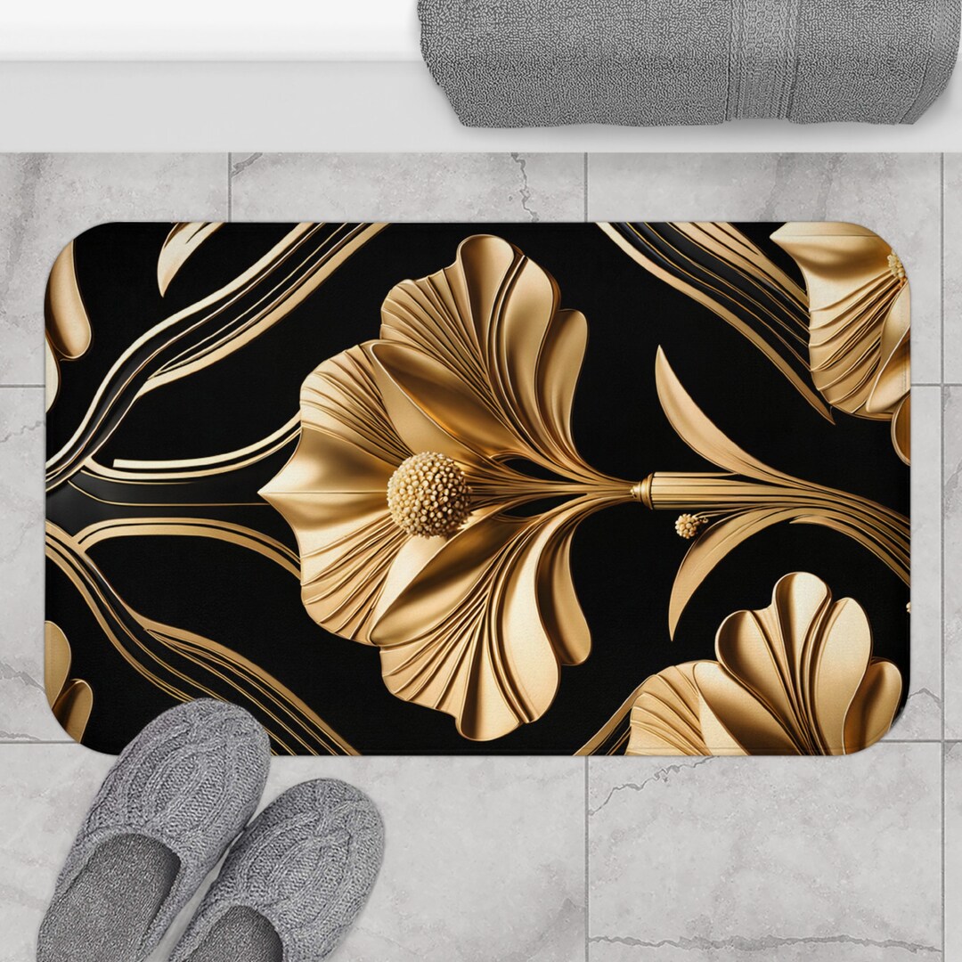 Gold Floral Art Deco Bath Mat Gatsby Bathroom Black Gold Home Bath ...