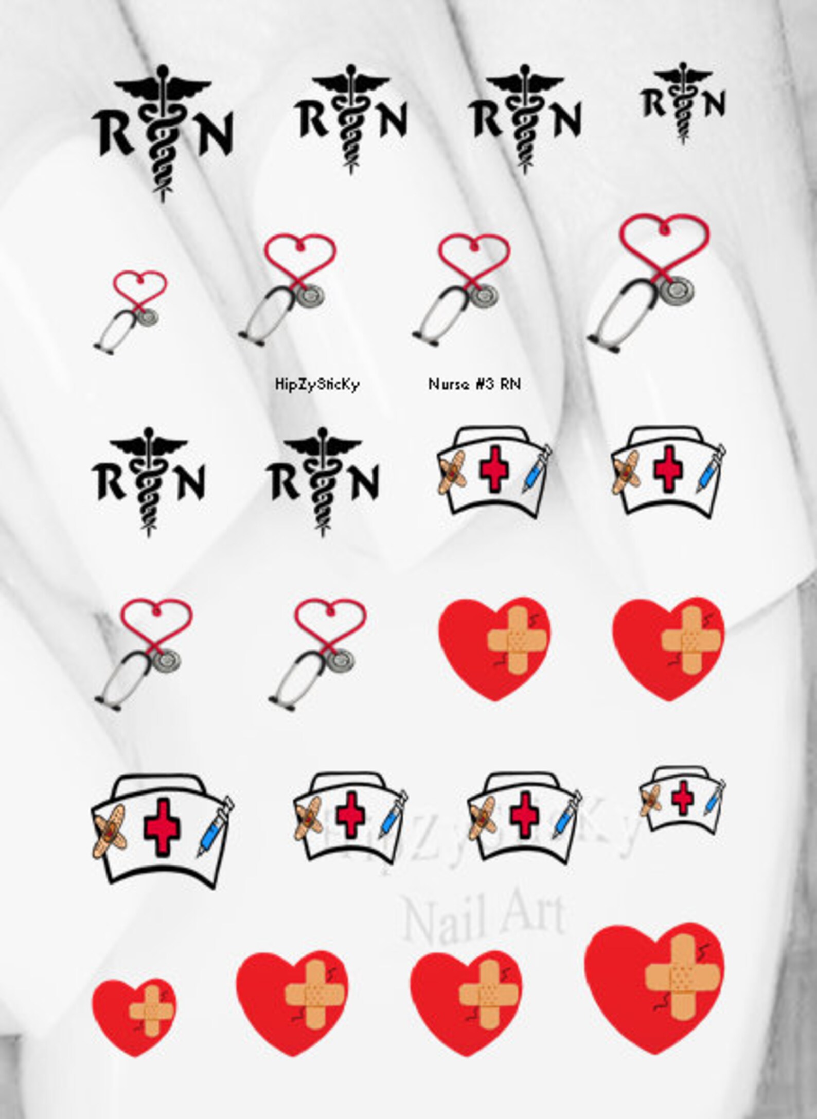 SYMBOL Nail Decals "rn #3 Nurse Hat Bandaid Red Heart" Nail Art Set ...