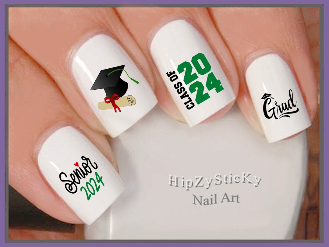 Nail Decal "graduation Class of 2024 GREEN Senior Grad Cap" Nail Art ...