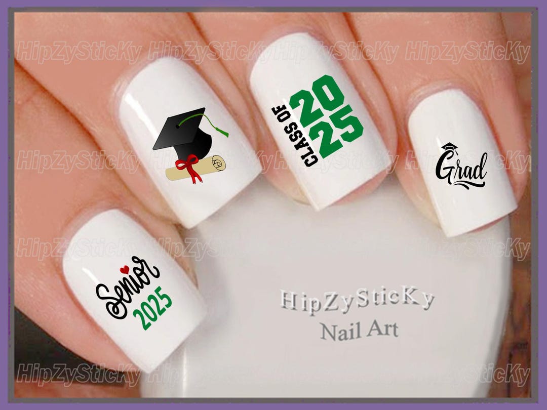 Nail Decal "graduation Class of 2025 GREEN Senior Grad Cap" Nail Art ...