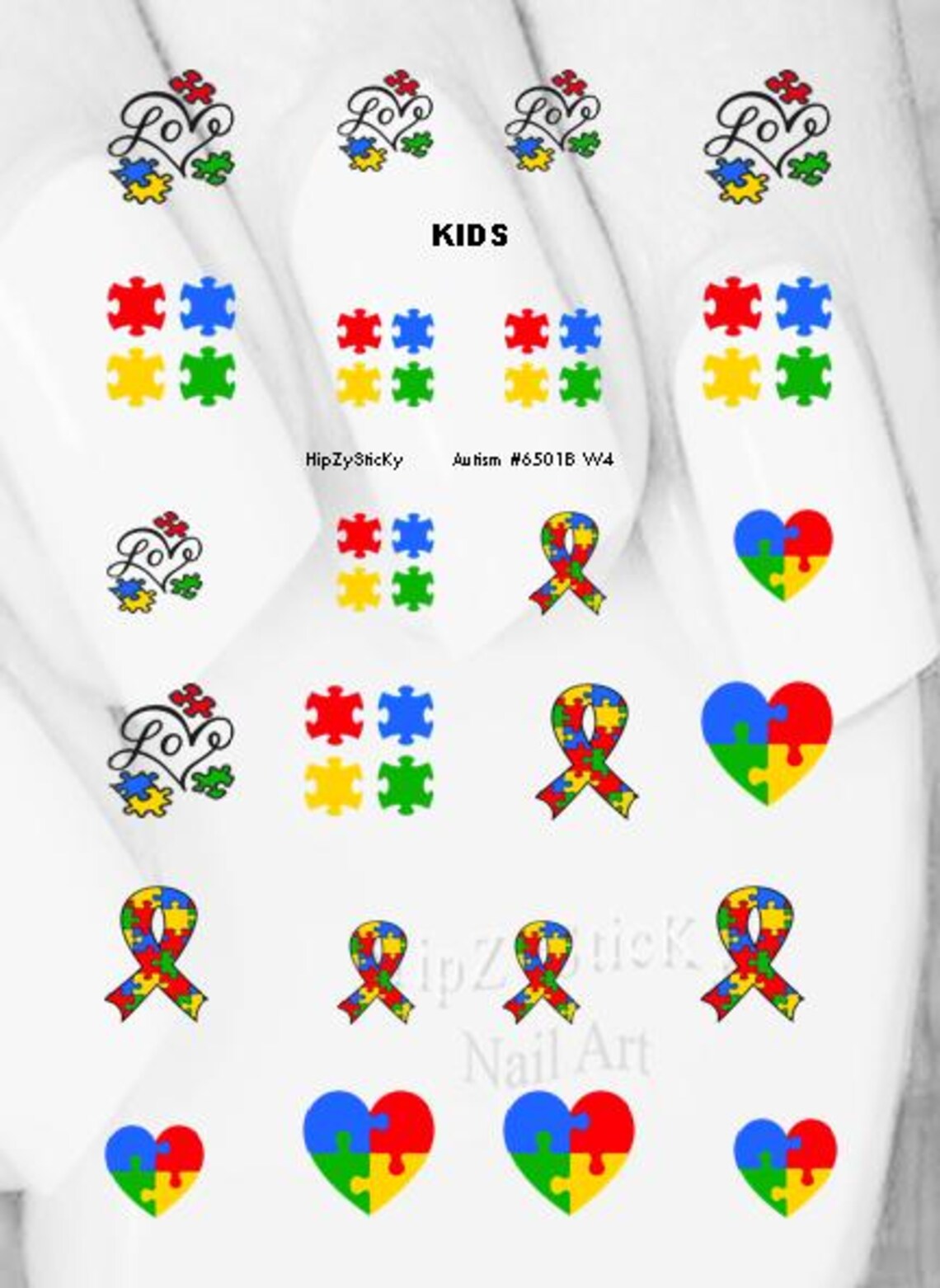 SYMBOL Nail Decals "autism Awareness Set#6501b Ribbon LOVE Puzzle Bold ...