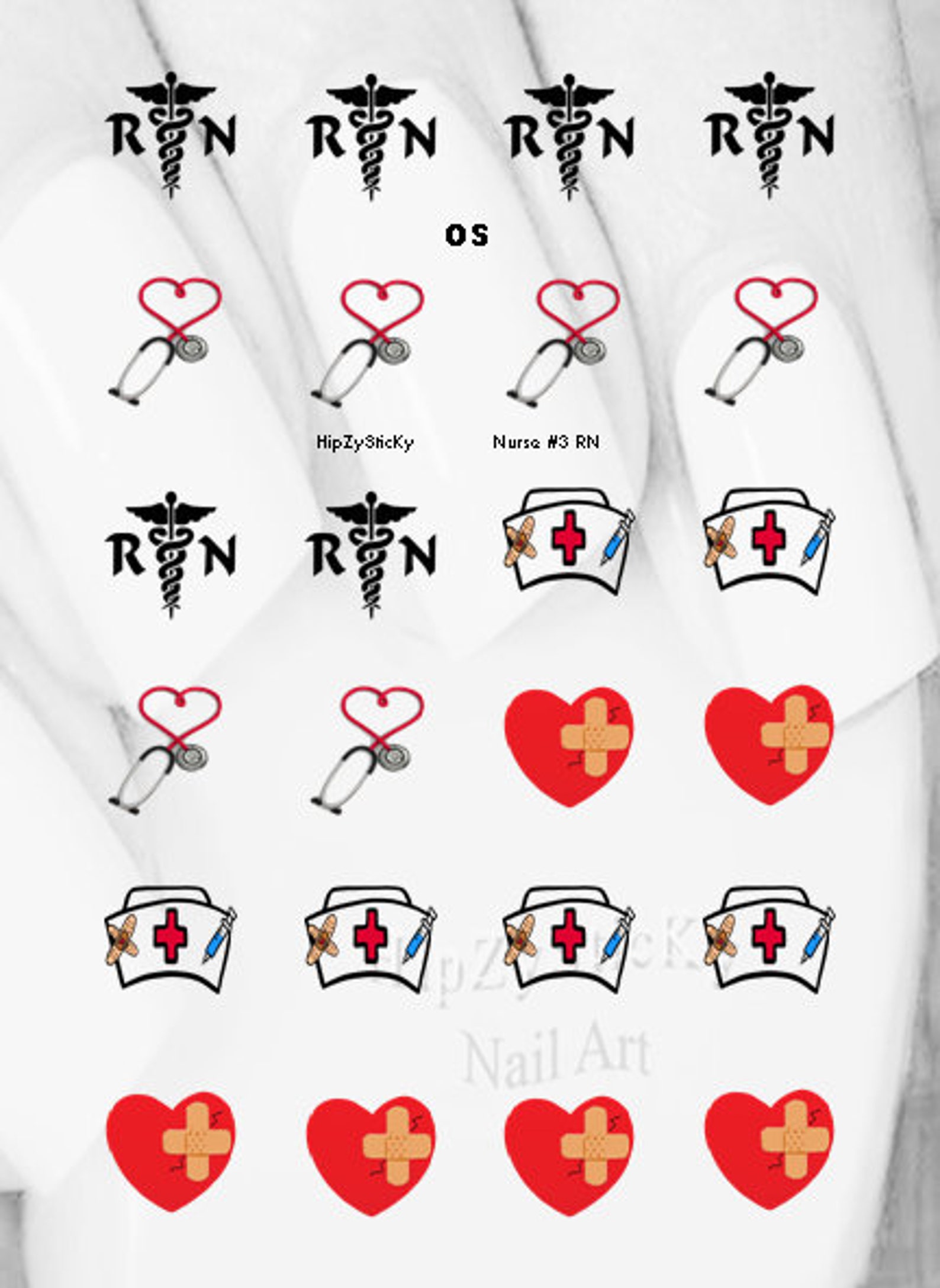 SYMBOL Nail Decals "rn #3 Nurse Hat Bandaid Red Heart" Nail Art Set ...