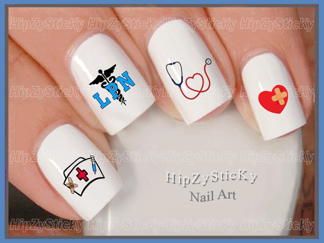 SYMBOL Nail Decals "lpn #3 Nurse Hat Bandaid Red Heart" Nail Art Set ...