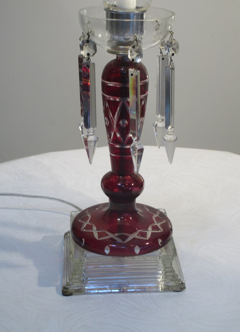 Antique Vintage Czechoslovakian Ruby Red Cut Glass Table Lamp Light ...