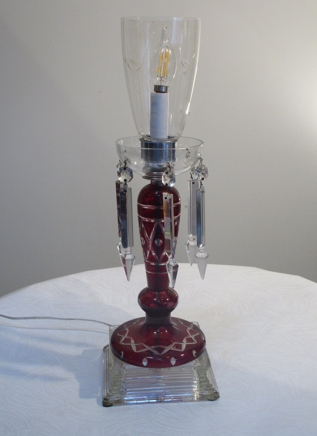 Antique Vintage Czechoslovakian Ruby Red Cut Glass Table Lamp Light ...