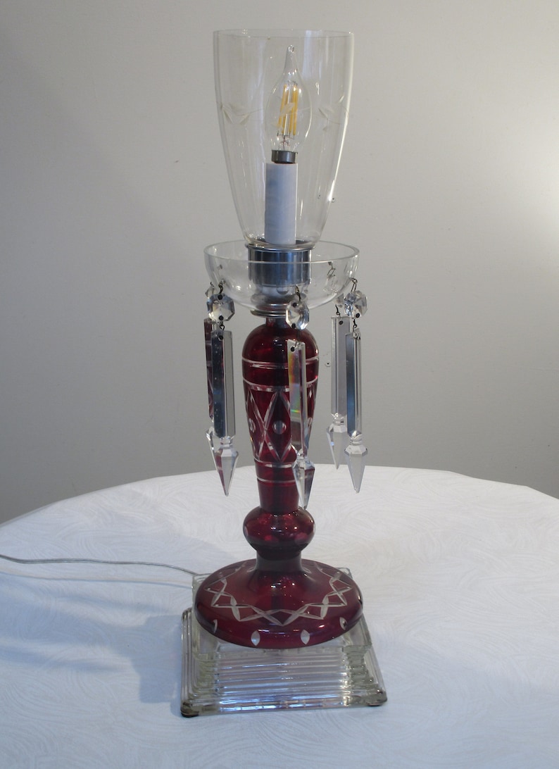 Antique Vintage Czechoslovakian Ruby Red Cut Glass Table Lamp Light ...