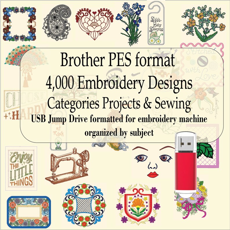 Brother PES 4,000 Embroidery Designs Projects & Sewing USB Jump Drive ...