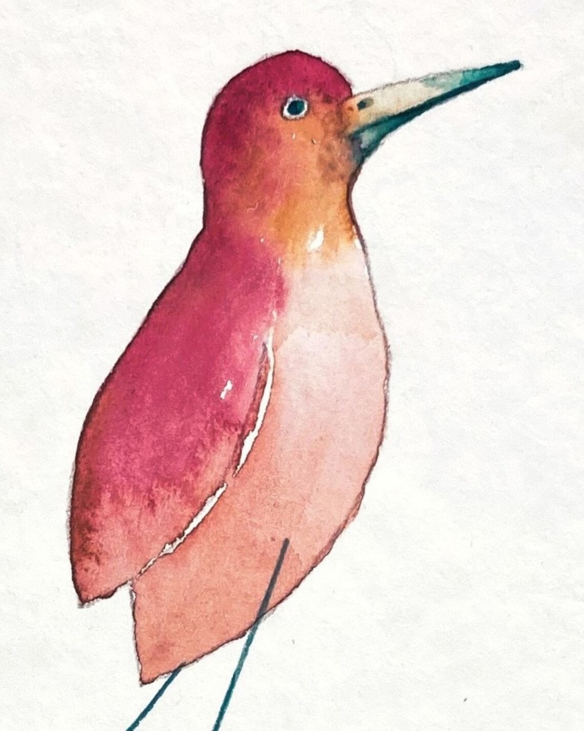 Whimsical Red Standing Bird Original Watercolor, Tall Thin Redbird ...