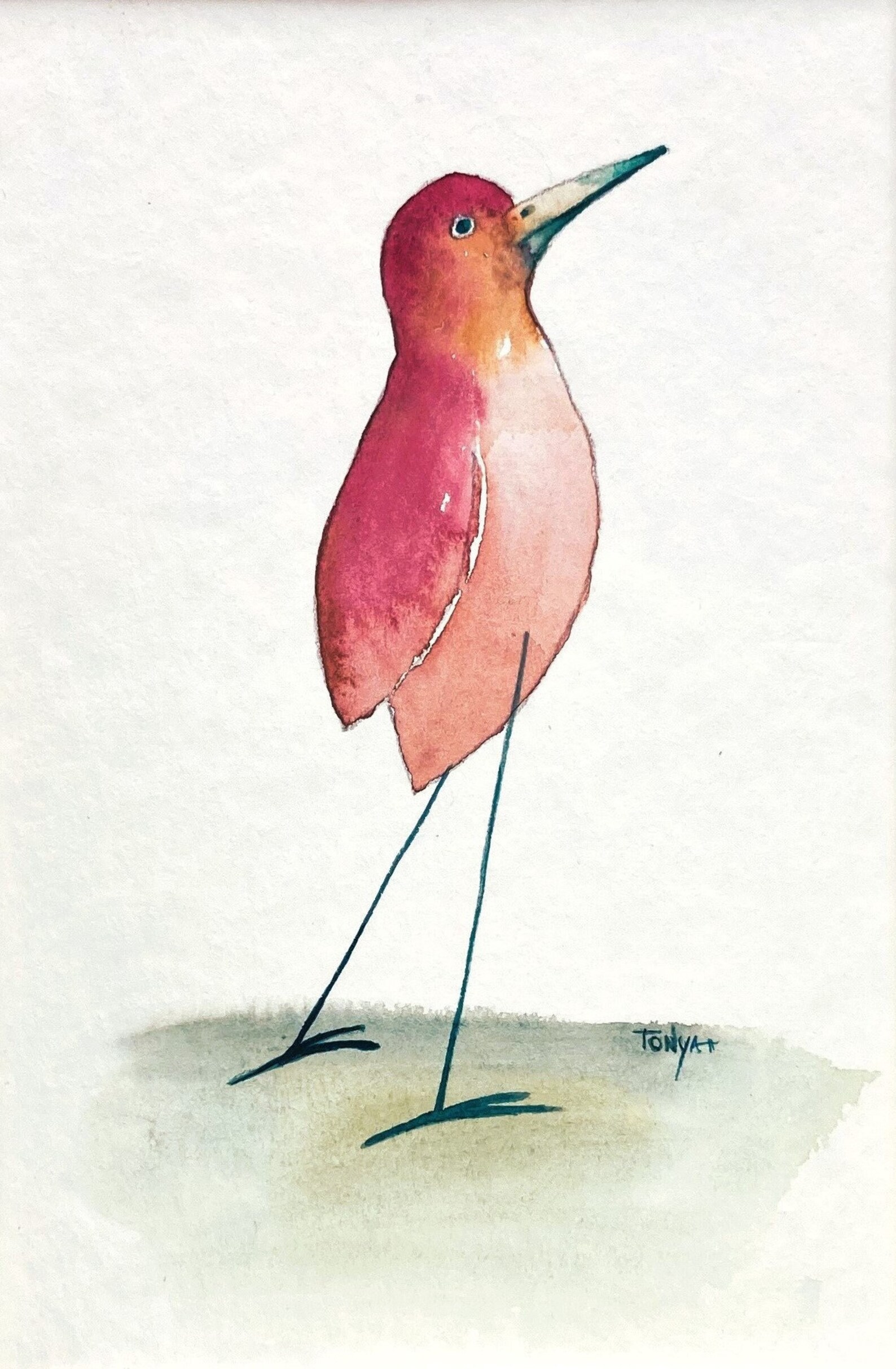 Whimsical Red Standing Bird Original Watercolor, Tall Thin Redbird ...