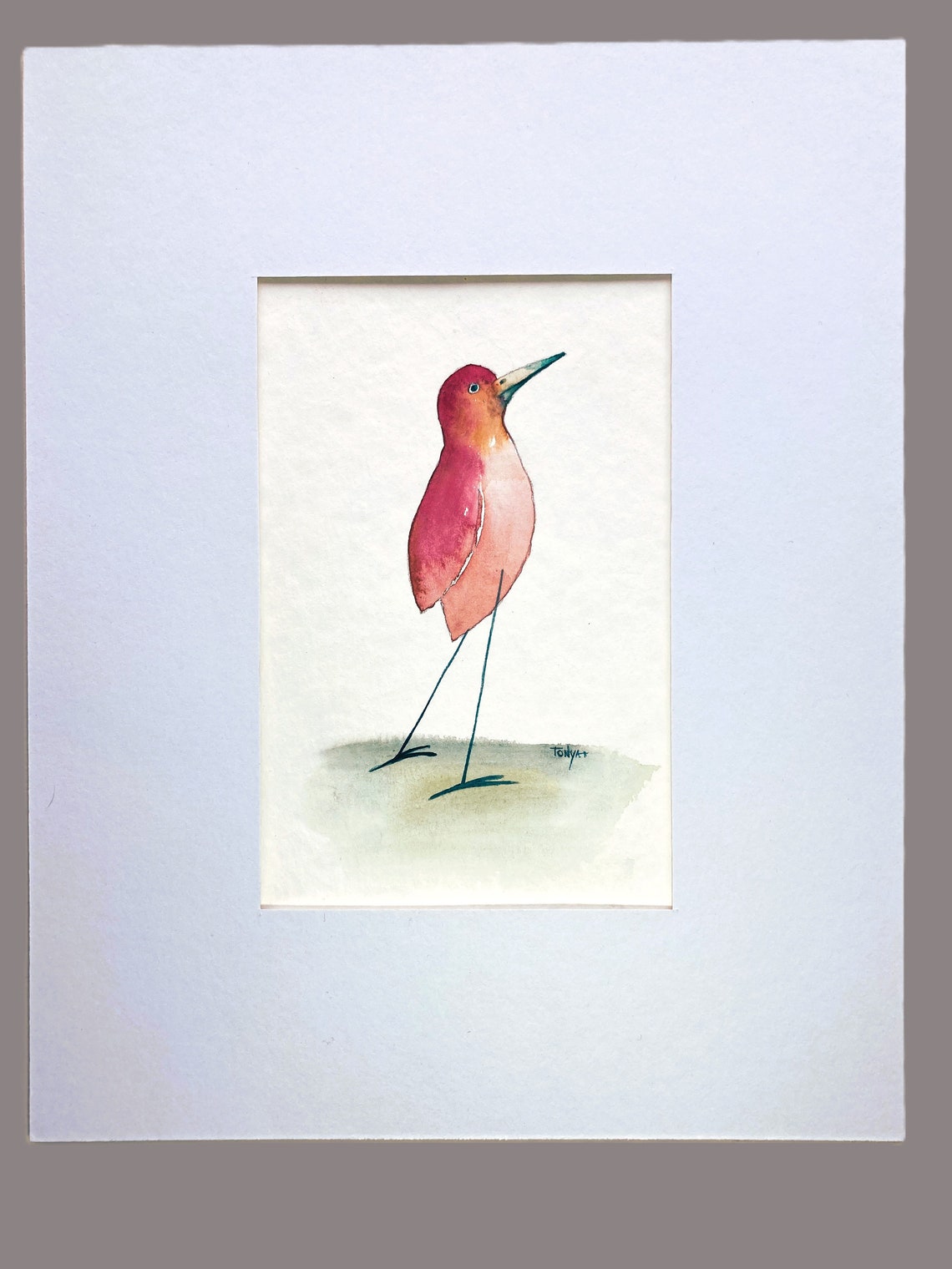 Whimsical Red Standing Bird Original Watercolor, Tall Thin Redbird ...