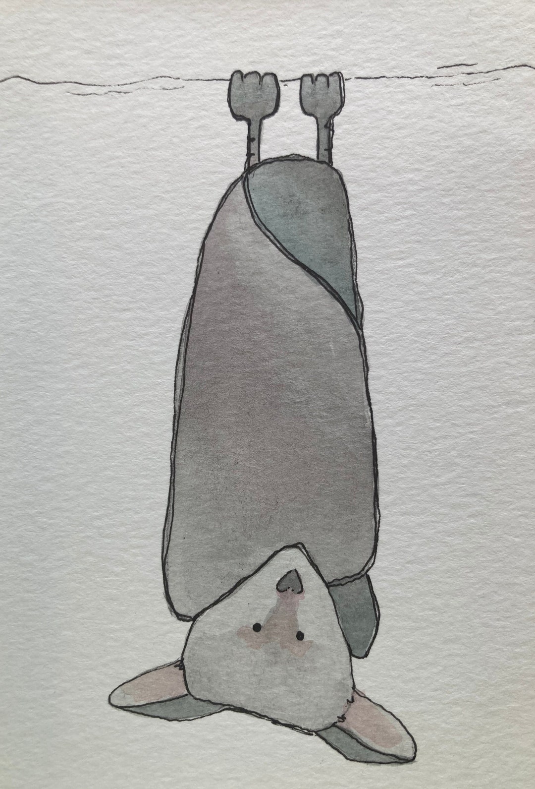 Hanging Bat Watercolor Art, Flittermouse Original Painting, Grey & Pink Animal Wall Art, Cute ...