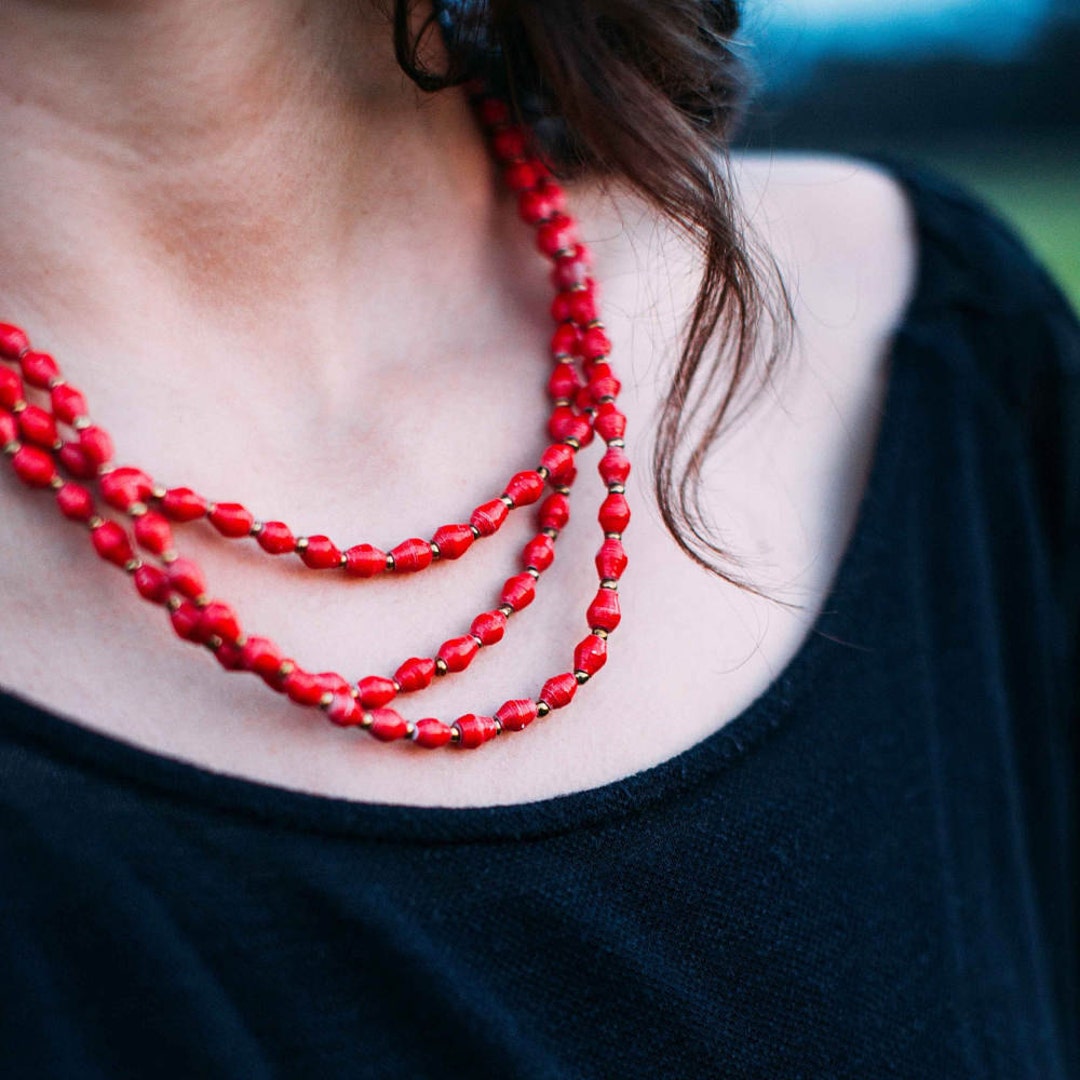 Red Women's Necklace / Fair Trade Necklace / Short Three Strand ...