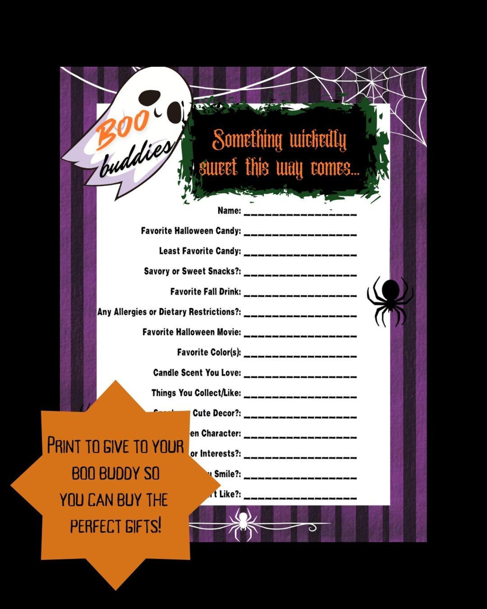 Boo Buddy Questionnaire Boo Basket Printable – Halloween Secret Gift ...