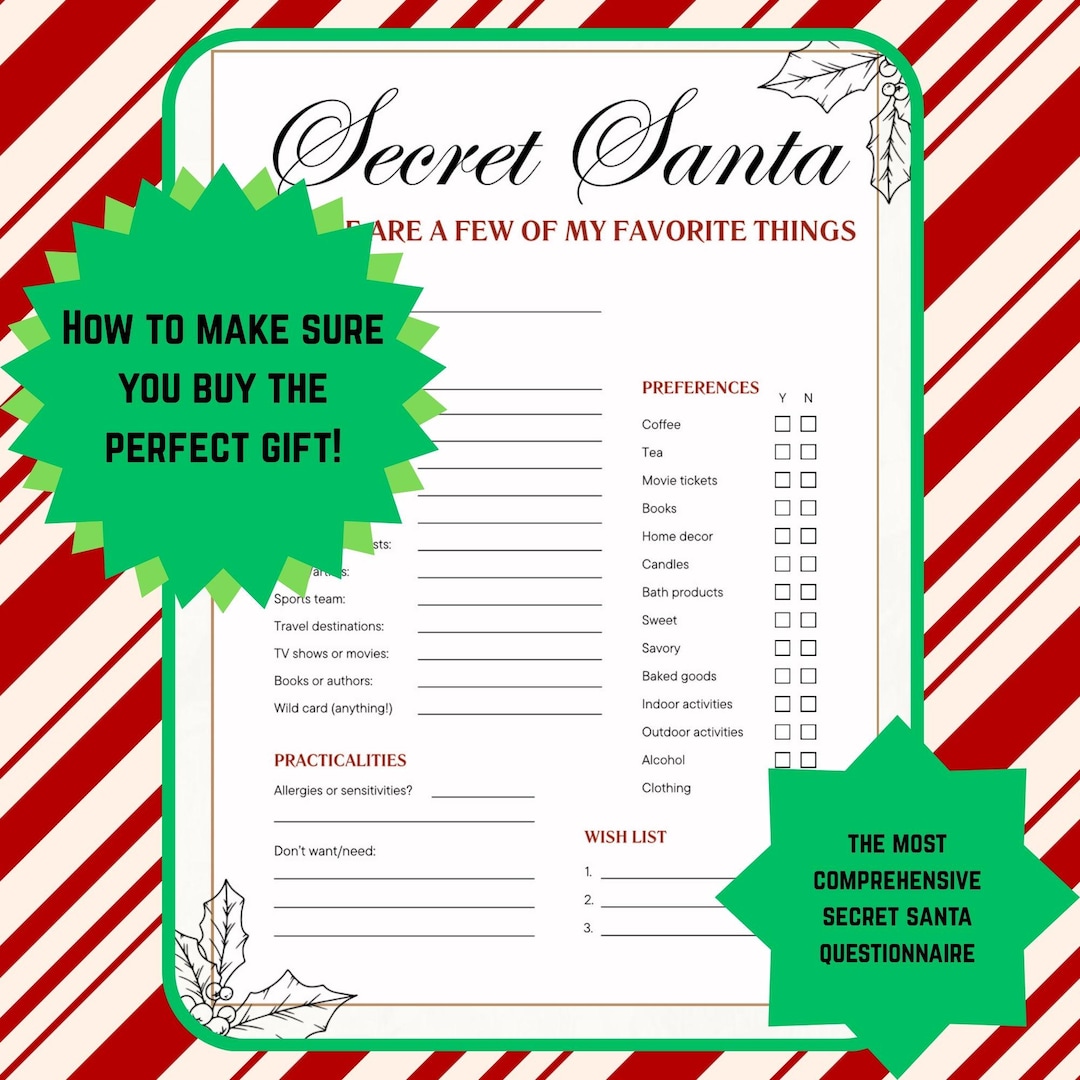 Secret Santa Questionnaire Printable Download – Holiday Gift Exchange ...