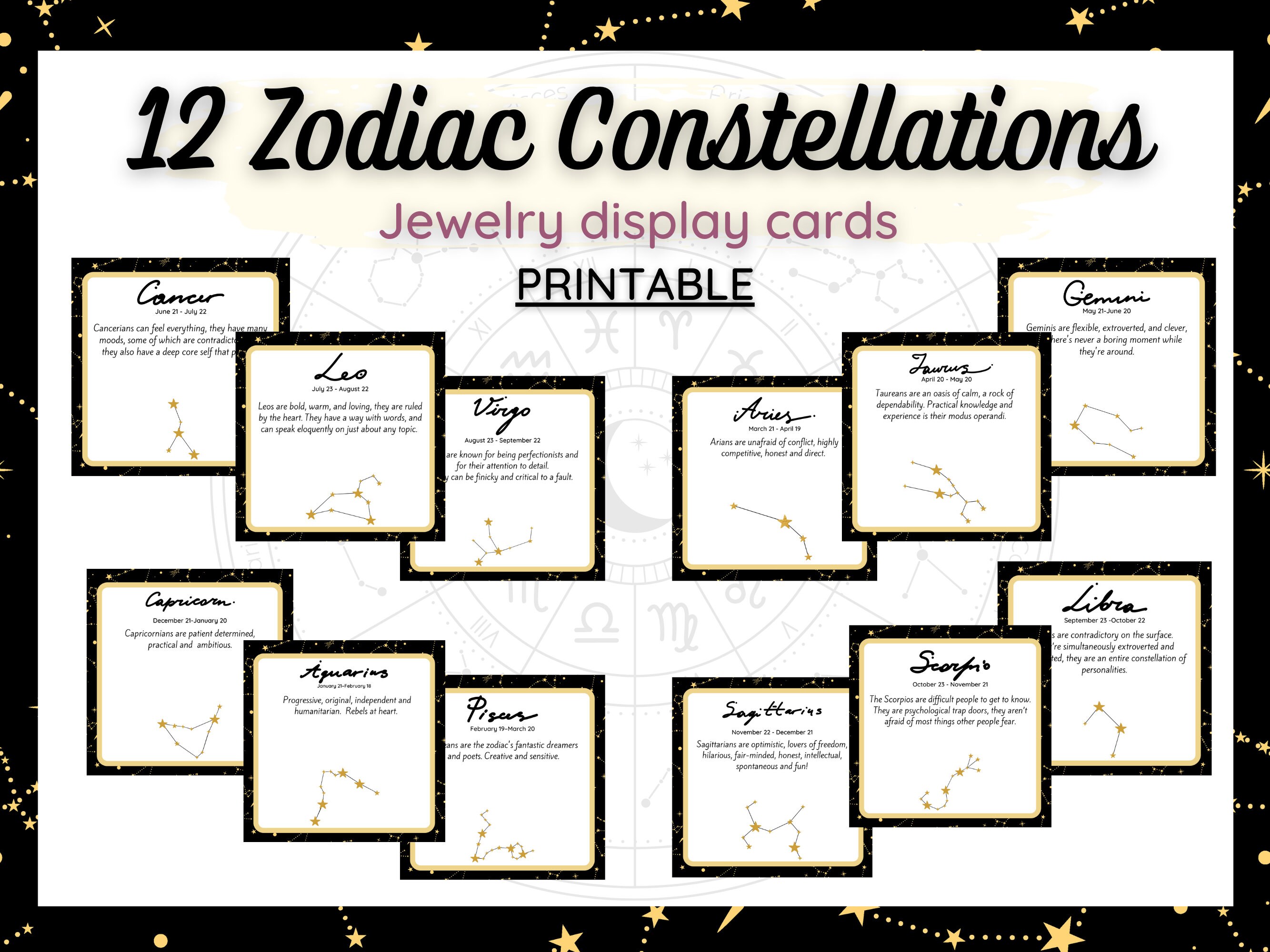 12 Printable Zodiac Signs Constellations Jewelry Display Cards - Etsy