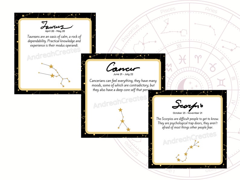 12 Printable Zodiac Signs Constellations Jewelry Display Cards - Etsy