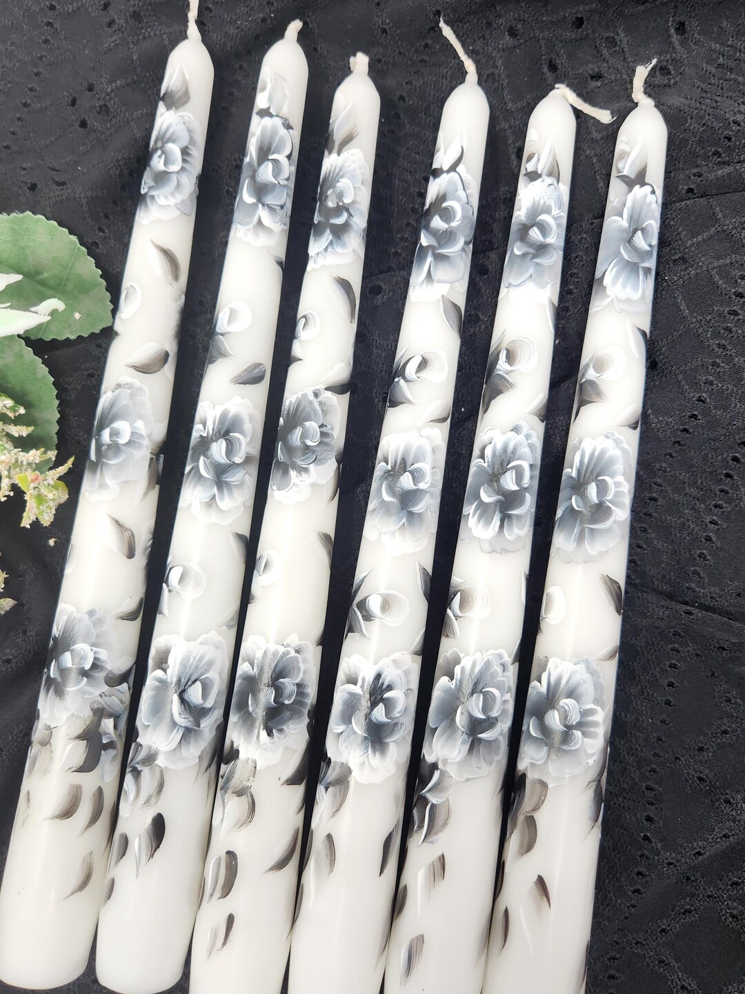 Hand Painted Rose Taper Candles - Black & White Floral Design, Set of 2 ...
