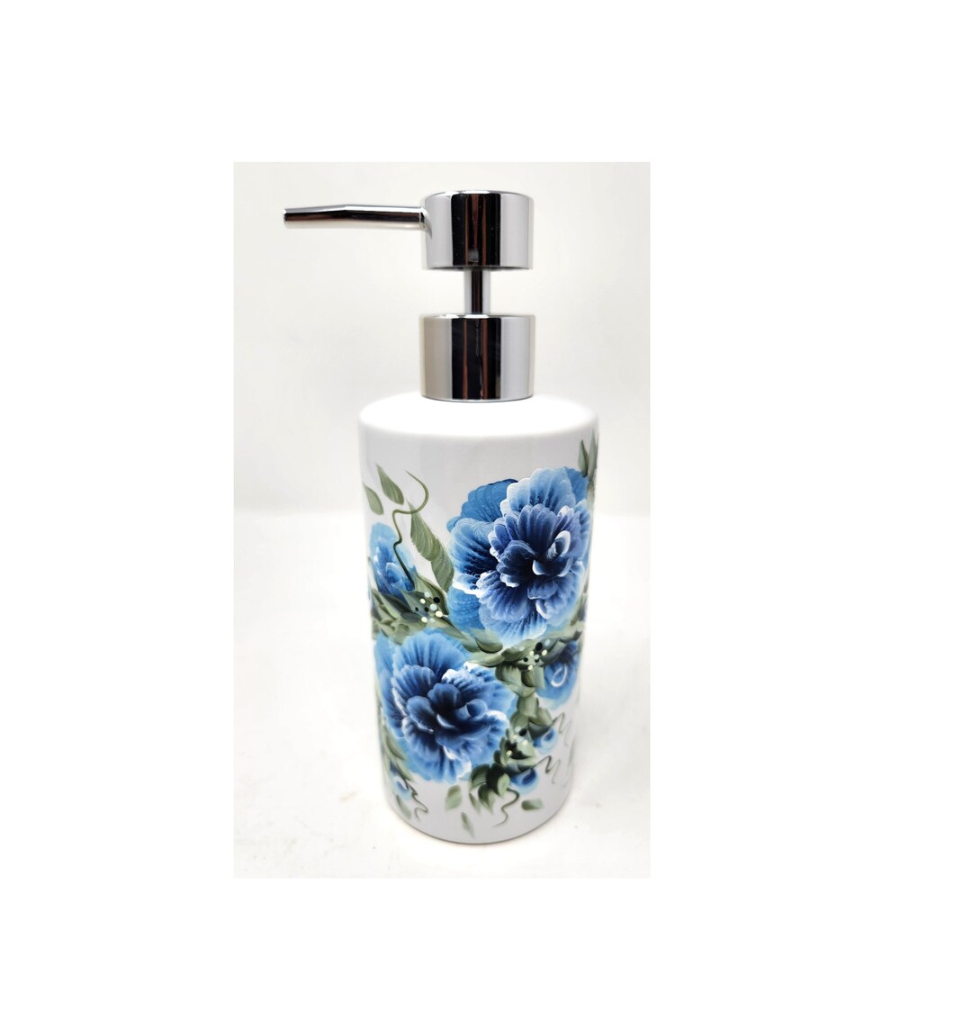 Soap or Hand Cream Dispenser Blue Roses Hand Painted - Etsy