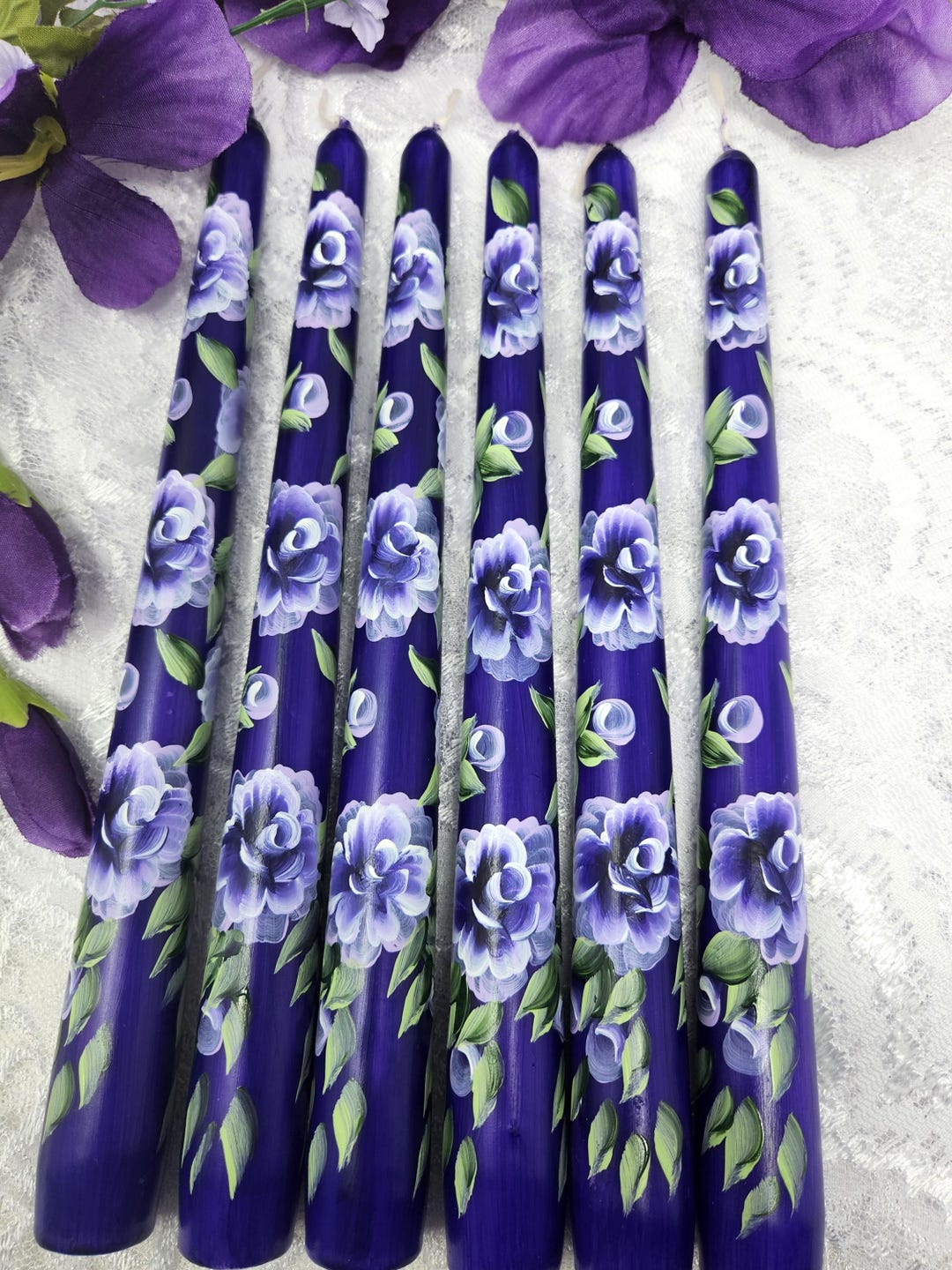 Hand Painted Purple Rose Taper Candles - Set of 2 - Etsy