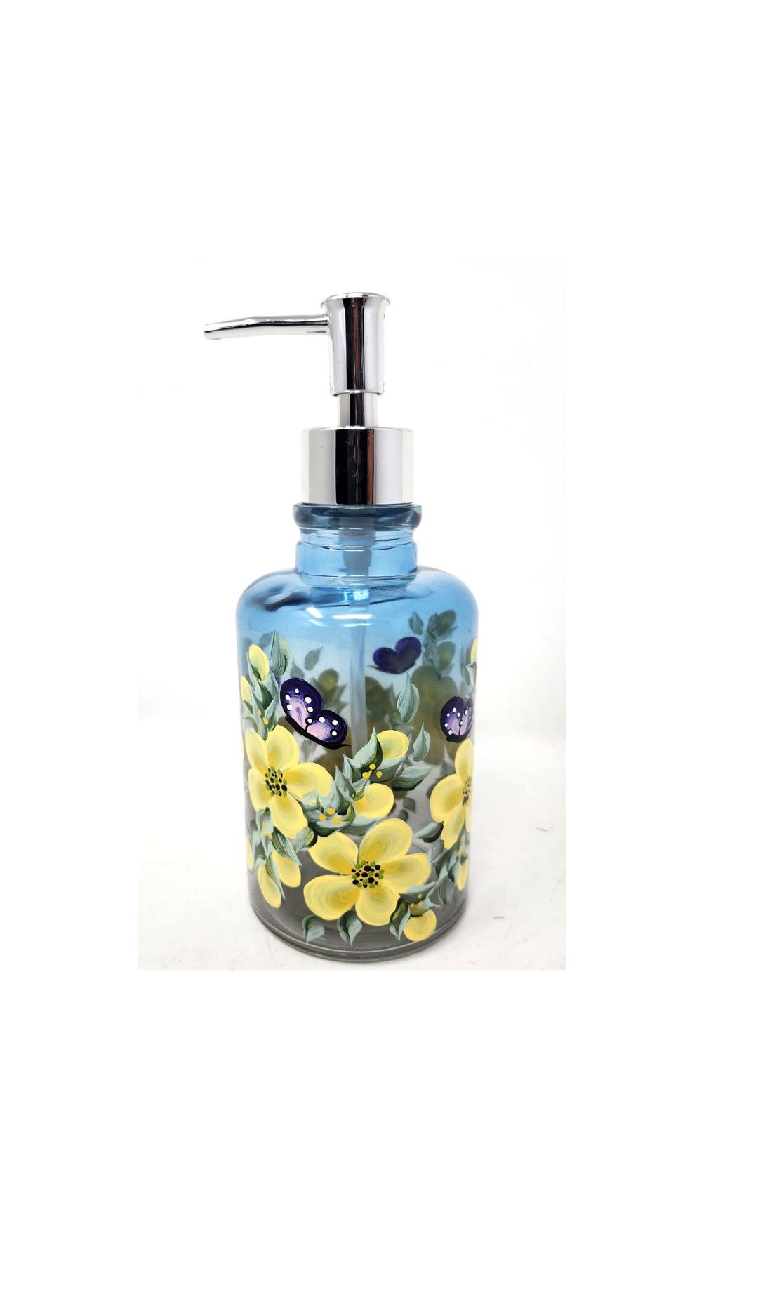 Soap Dispenser or Hand Cream Blue Glass Dispenser Yellow Flowers and ...