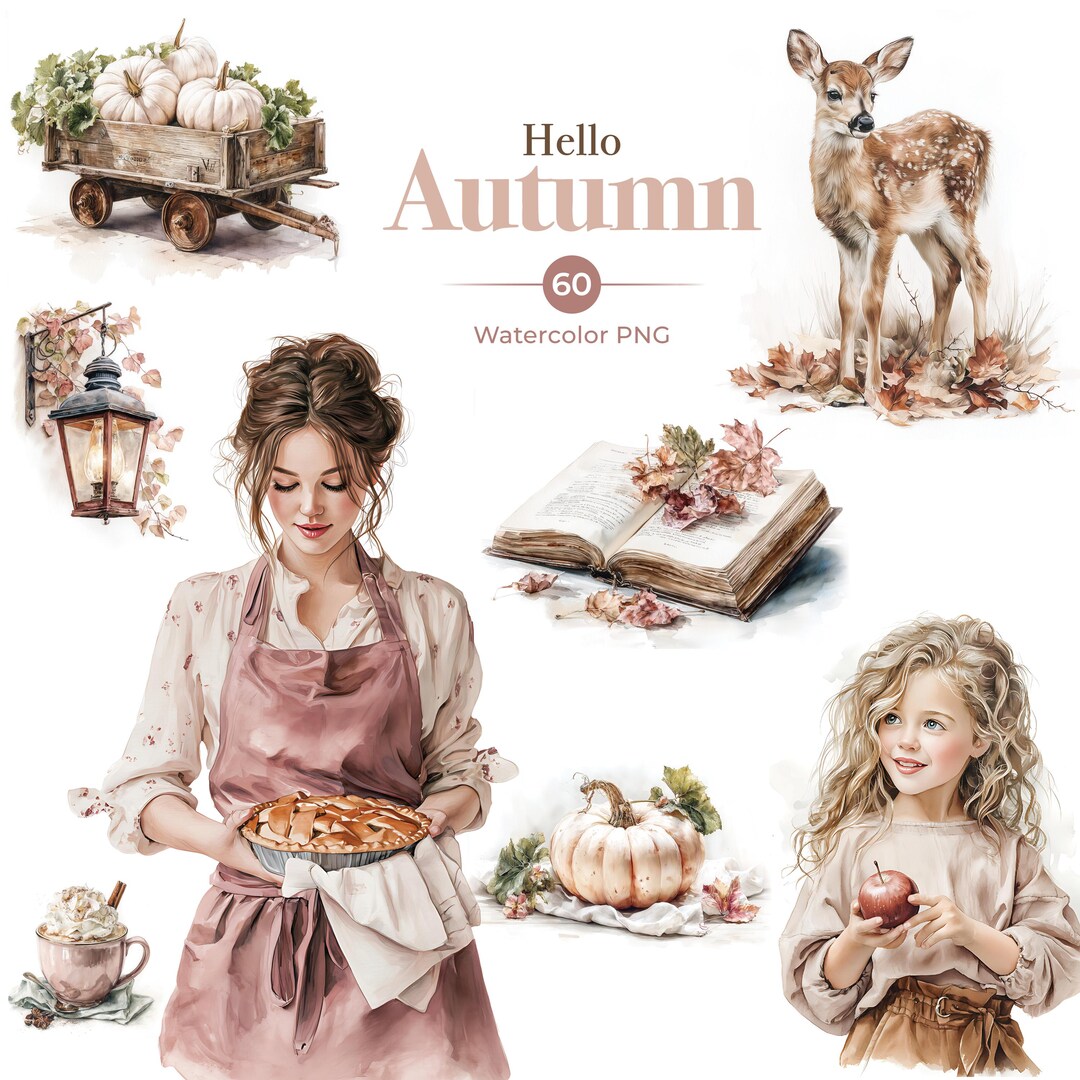 60 Autumn Watercolor Clipart, Fall Pngs, Printable Watercolor Clipart ...