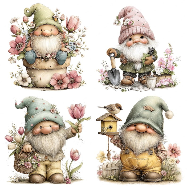 26 Cute Spring Gnomes Clipart Bundle, Garden Gnomes PNG, Floral Gnomes ...