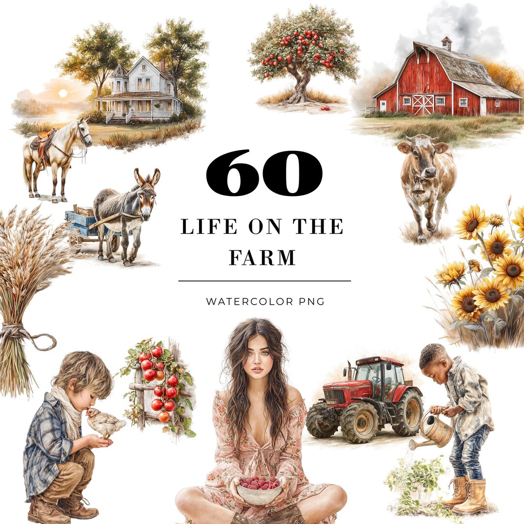 60 PNG, Life on the Farm Clipart Set, Farm Animals, Farmers, Barn ...