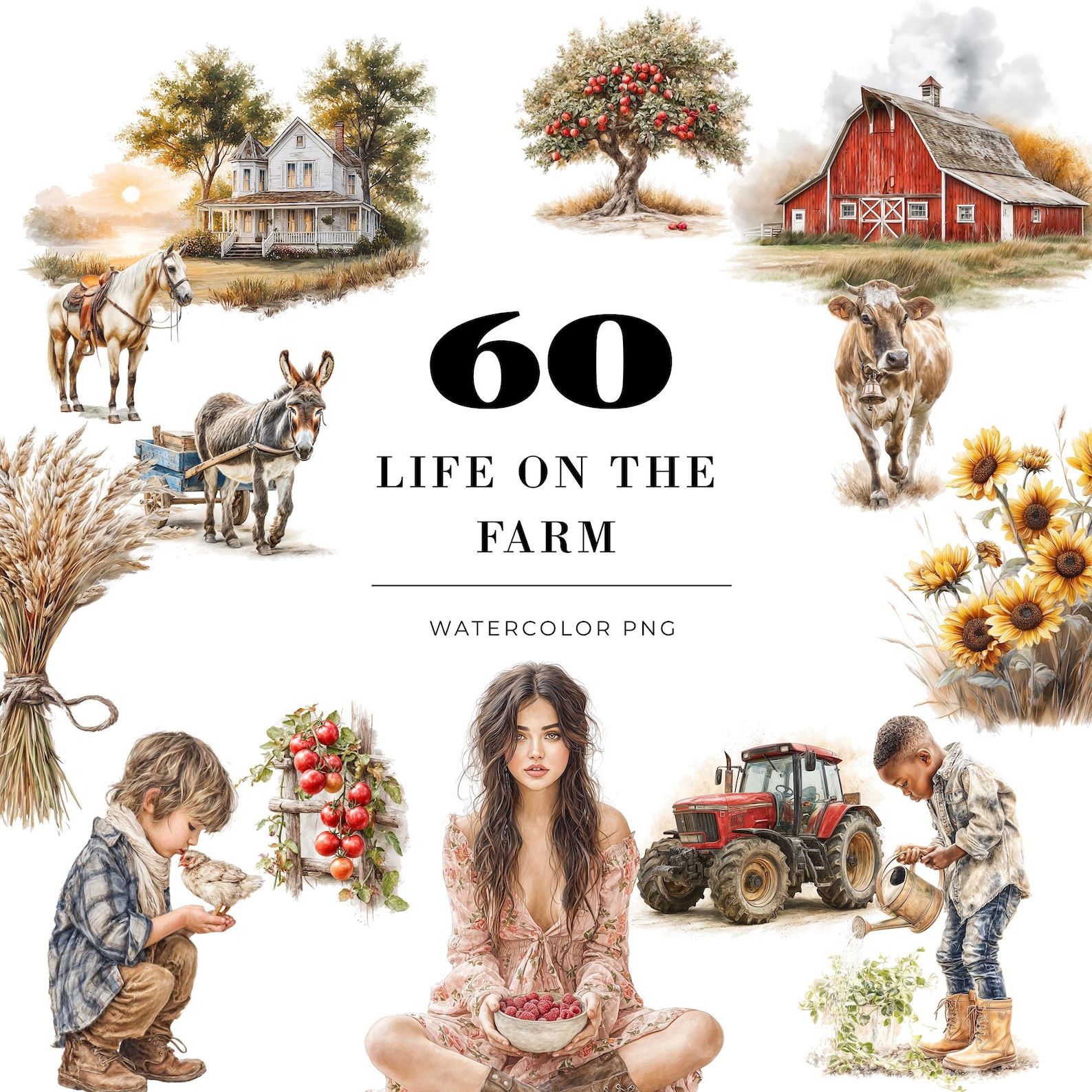 60 PNG, Life on the Farm Clipart Set, Farm Animals, Farmers, Barn ...